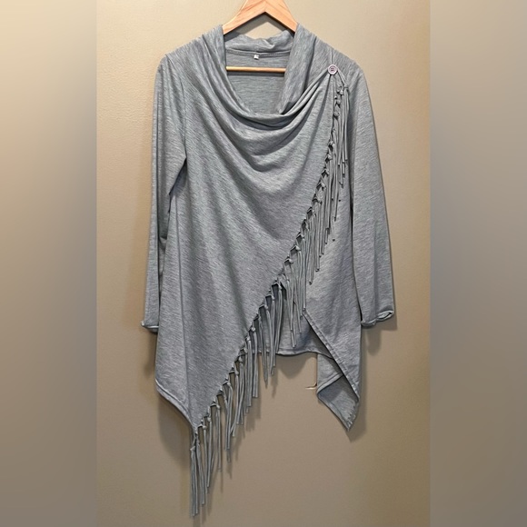 Tops | Light Grey Asymmetrical Fringe Top | Poshmark